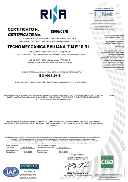 CERTIFICATION RINA - Certifications - T.M.E. Tecno Meccanica Emiliana S ...